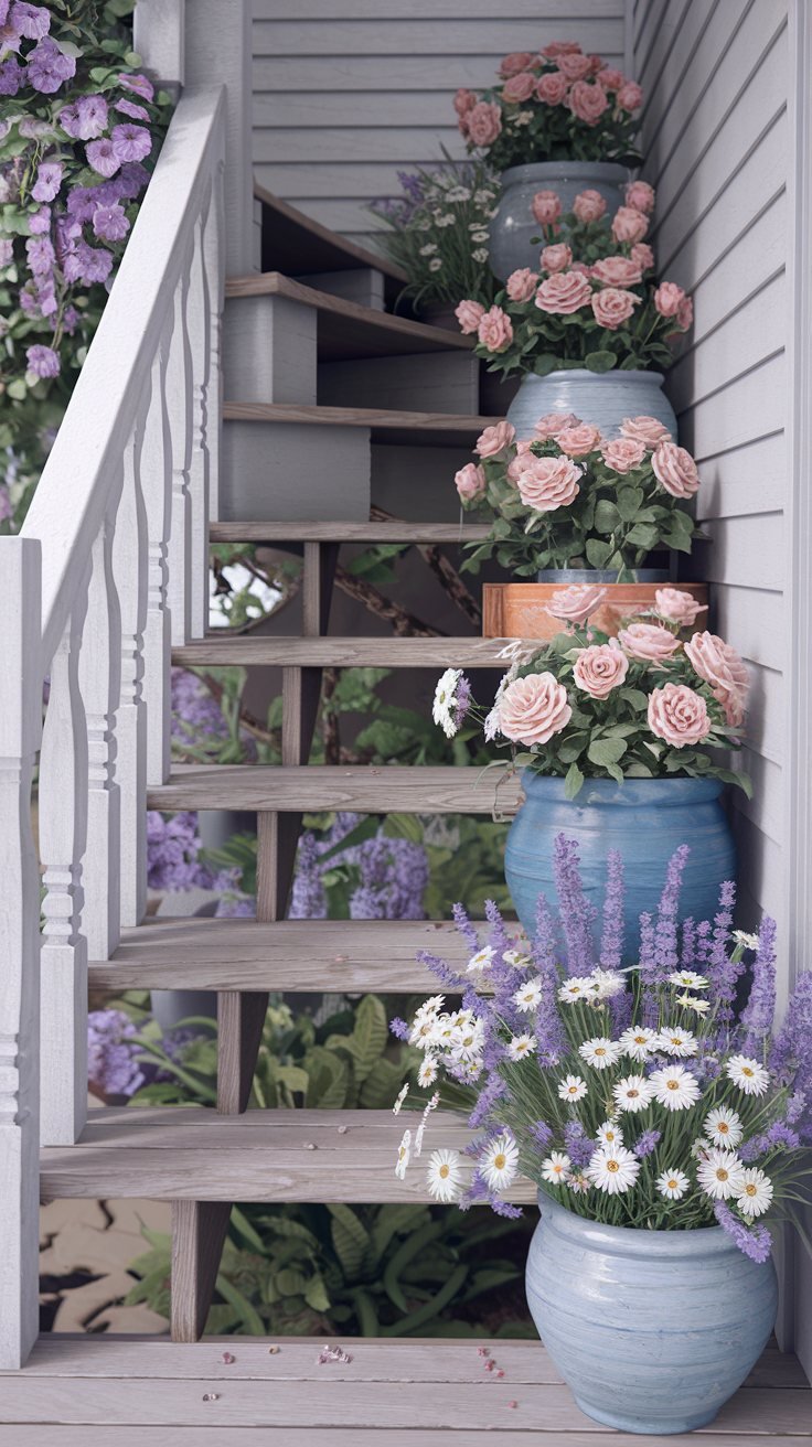 Ways to Frame Front Porch Steps with Summer Roses - homeflowerdesign.com