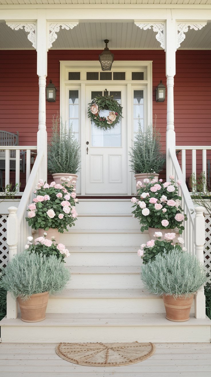 Ways to Frame Front Porch Steps with Summer Roses - homeflowerdesign.com