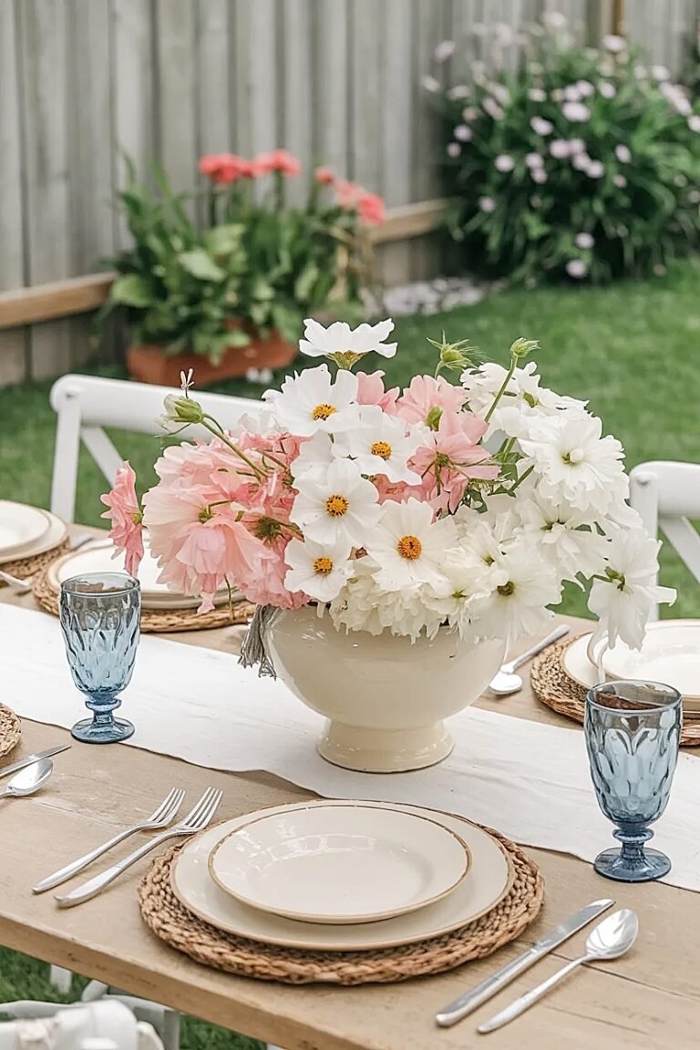 DIY White Cosmos and Zinnia Summer Arrangements for Outdoor Parties ...